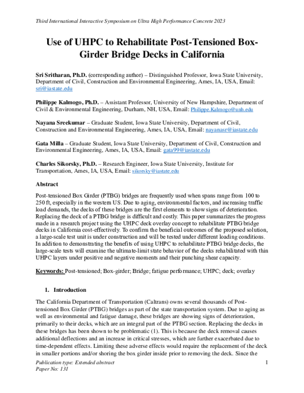 (PDF) Use of UHPC to Rehabilitate Post-Tensioned Box-Girder Bridge Decks
