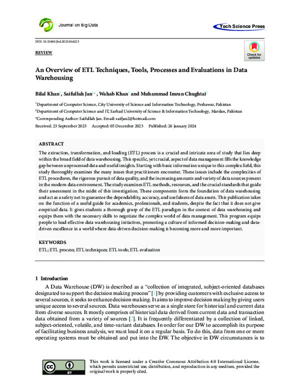 (PDF) An Overview of ETL Techniques, Tools, Processes and Evaluations in Data Warehousing