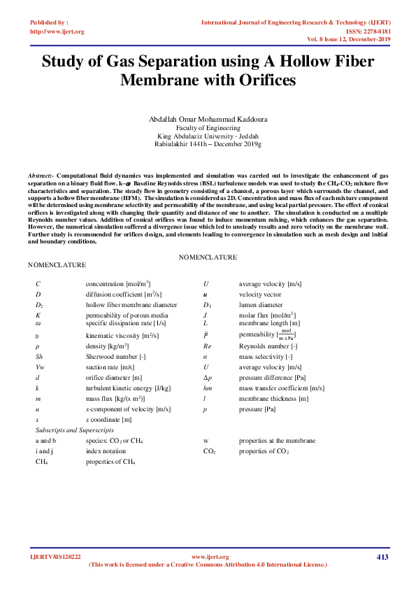 (PDF) Study of Gas Separation using A Hollow Fiber Membrane with Orifices