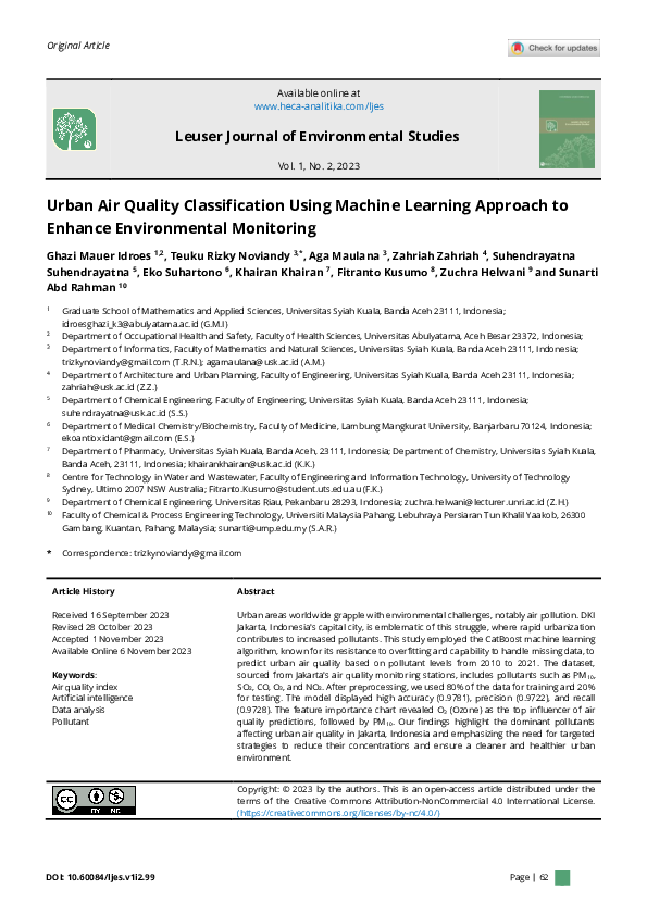 (PDF) Urban Air Quality Classification Using Machine Learning Approach to Enhance Environmental ...