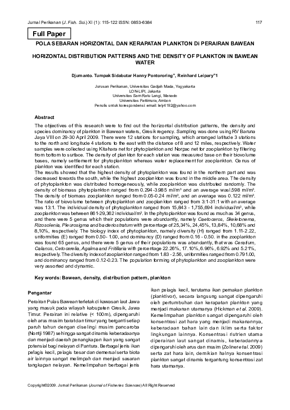 POLA SEBARAN HORIZONTAL DAN KERAPATAN PLANKTON Di PERAIRAN BAWEAN