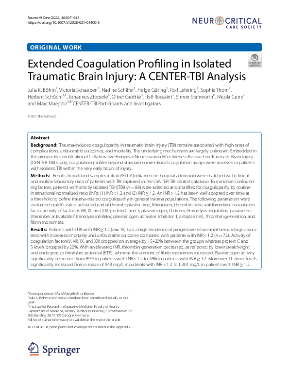Extended Coagulation Profiling in Isolated Traumatic Brain Injury: A ...