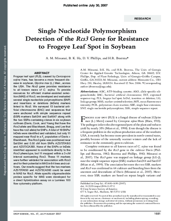 (PDF) Single Nucleotide Polymorphism Detection of the Rcs3 Gene for Resistance to Frogeye Leaf ...