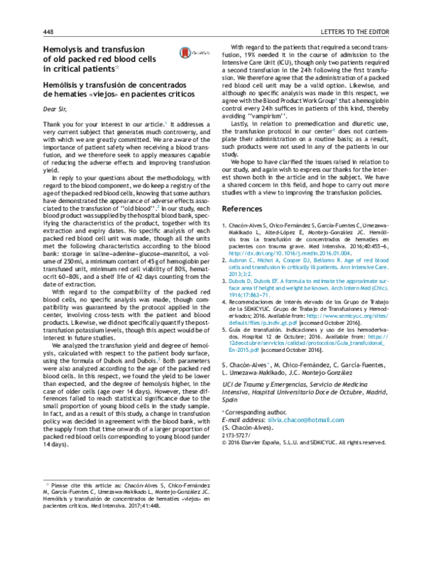 (PDF) Hemolysis and transfusion of old packed red blood cells in ...