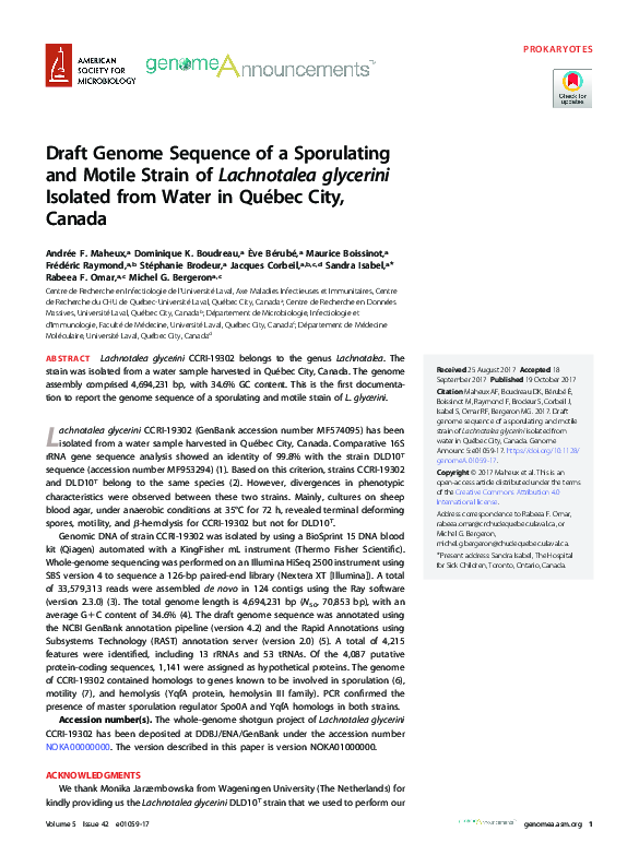 (PDF) Draft Genome Sequence of a Sporulating and Motile Strain of Lachnotalea glycerini Isolated ...