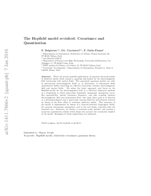 (PDF) The Hopfield model revisited: covariance and quantization