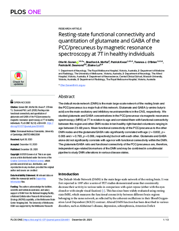 (PDF) Resting-state functional connectivity and quantitation of glutamate and GABA of the PCC ...