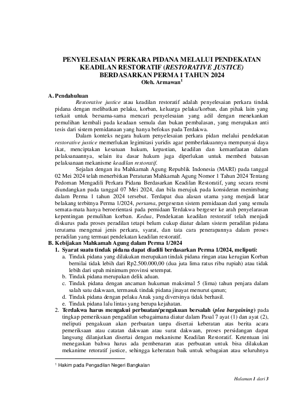 (PDF) PENYELESAIAN PERKARA PIDANA MELALUI PENDEKATAN KEADILAN RESTORATIF (RESTORATIVE JUSTICE ...