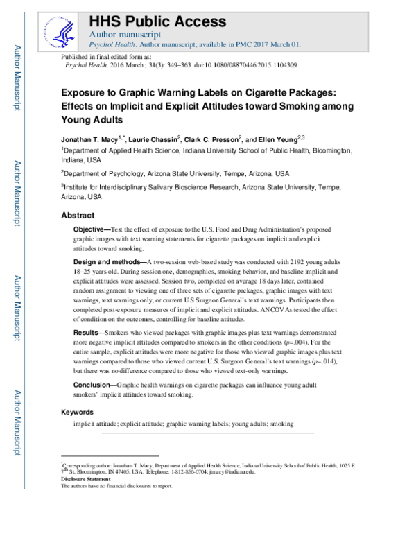 (PDF) Exposure to graphic warning labels on cigarette packages: Effects ...