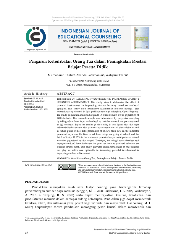 (PDF) Pengaruh Keterlibatan Orang Tua dalam Peningkatan Prestasi Belajar Peserta Didik