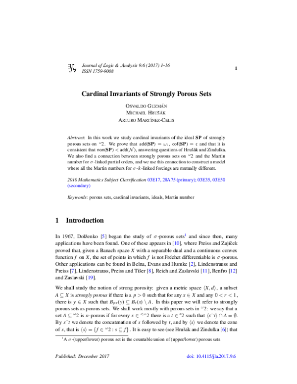 (PDF) Cardinal invariants of strongly porous sets