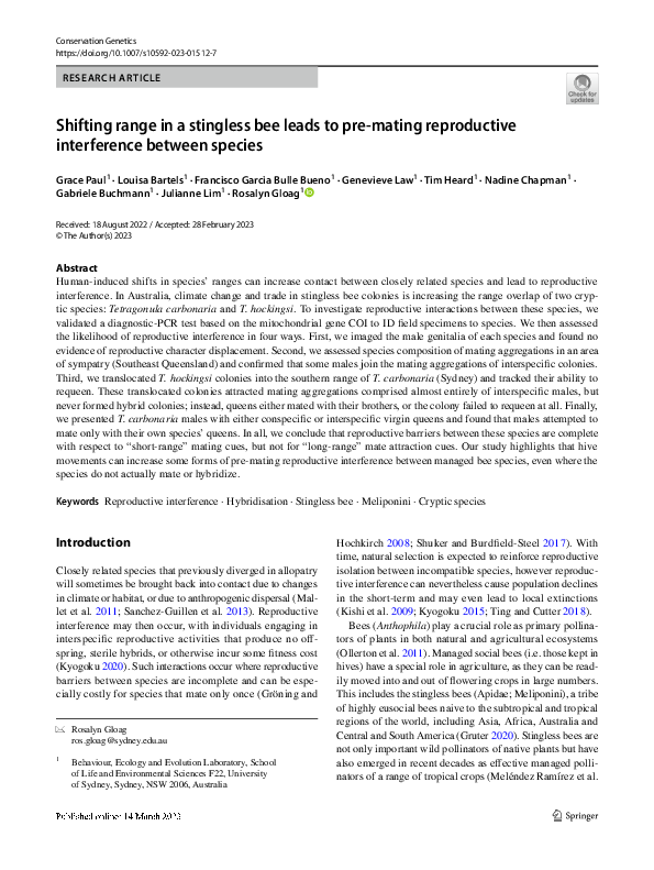 (PDF) Shifting range in a stingless bee leads to pre-mating ...
