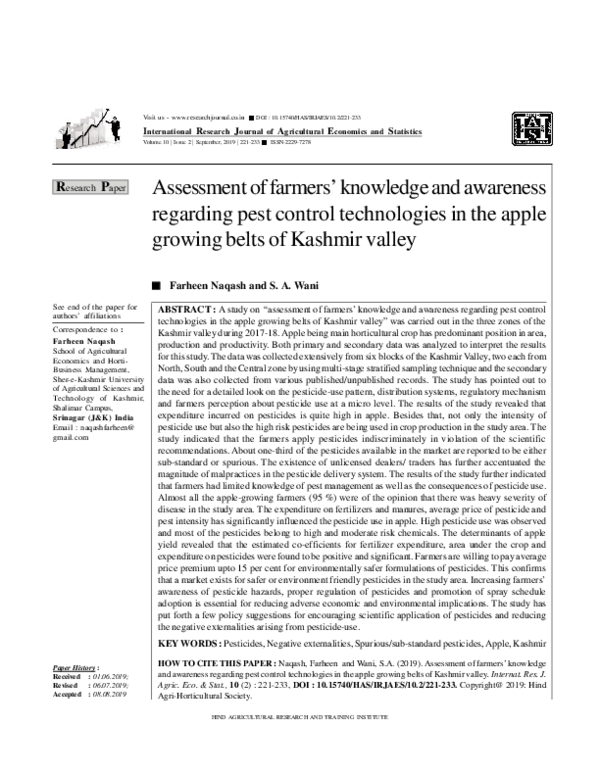 (PDF) Assessment of farmers’ knowledge and awareness regarding pest control technologies in the ...