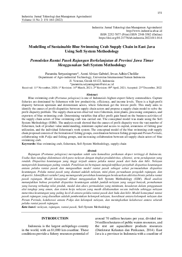 (PDF) Modelling of Sustainable Blue Swimming Crab Supply Chain in East Java Using Soft System ...