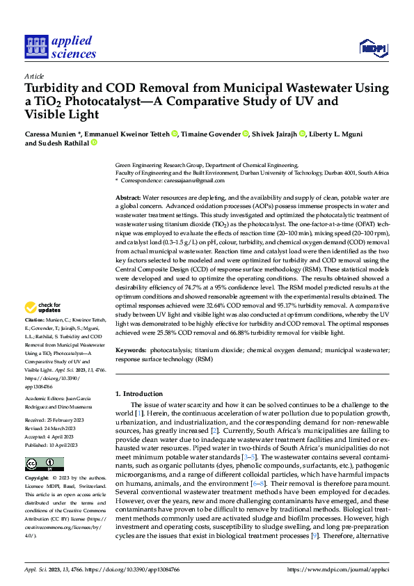 (PDF) Turbidity and COD Removal from Municipal Wastewater Using a TiO2 ...