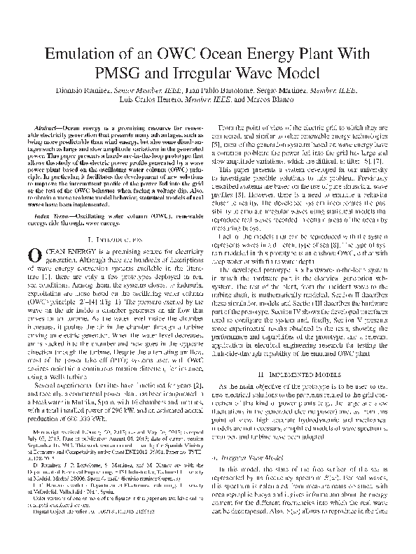 (PDF) Emulation of an OWC Ocean Energy Plant With PMSG and Irregular Wave Model