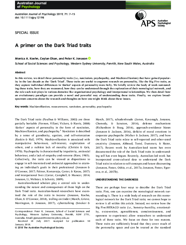 (PDF) A primer on the Dark Triad traits