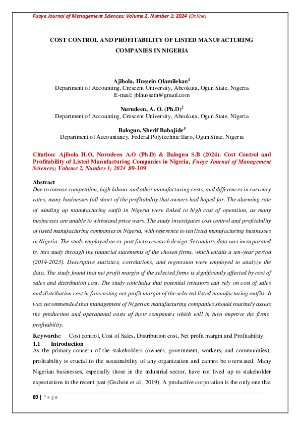 (PDF) COST CONTROL AND PROFITABILITY OF LISTED MANUFACTURING COMPANIES ...