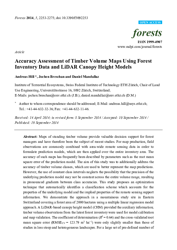 Accuracy Assessment of Timber Volume Maps Using Forest Inventory Data and LiDAR Canopy Height Models