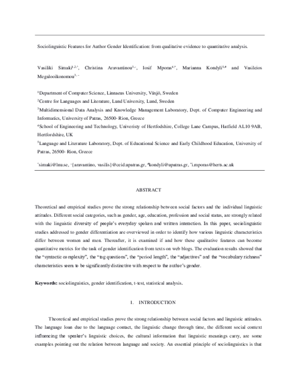(PDF) Sociolinguistic Features for Author Gender Identification: From Qualitative Evidence to ...