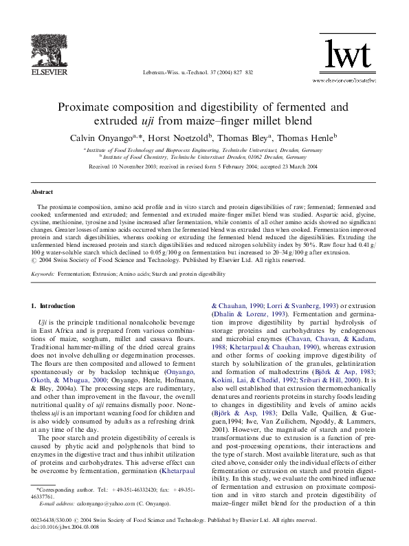 (PDF) Proximate composition and digestibility of fermented and extruded ...
