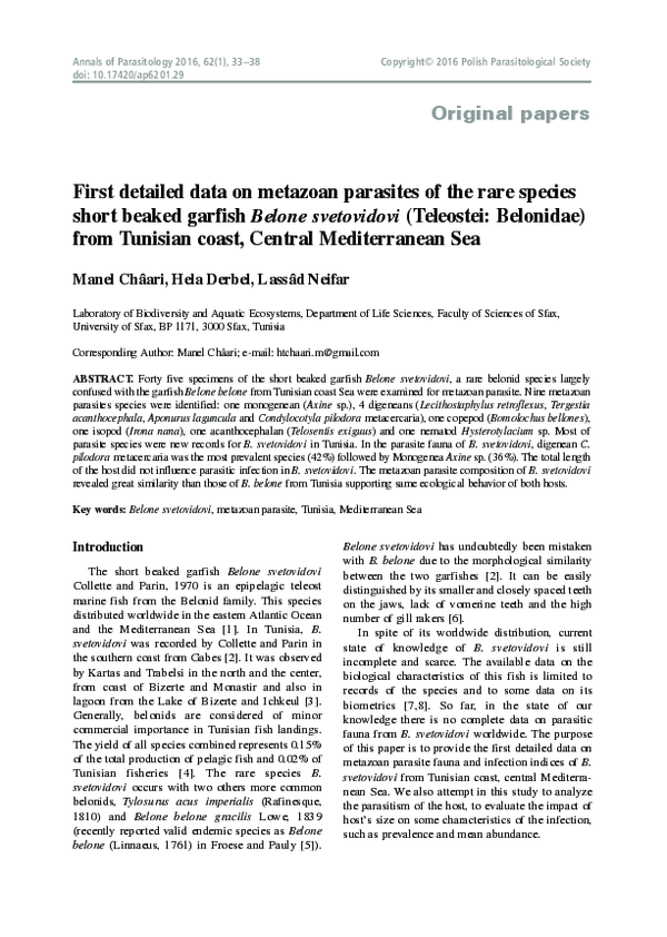 (PDF) First detailed data on metazoan parasites of the rare species ...