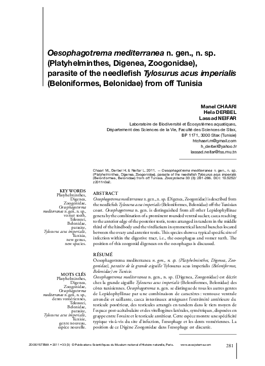 (PDF) Oesophagotrema mediterranea n. gen., n. sp. (Platyhelminthes ...