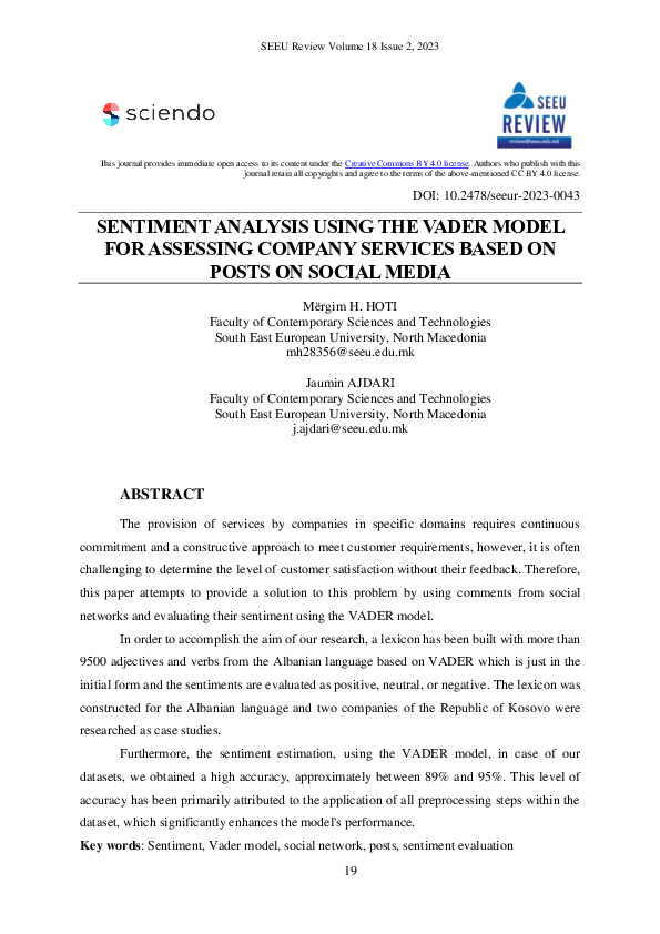 (PDF) Sentiment Analysis Using the Vader Model for Assessing Company Services Based on Posts on ...