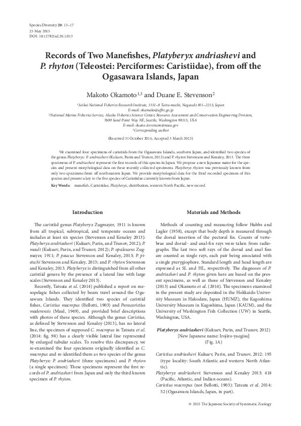 (PDF) Records of Two Manefishes, Platyberyx andriashevi and P. rhyton ...