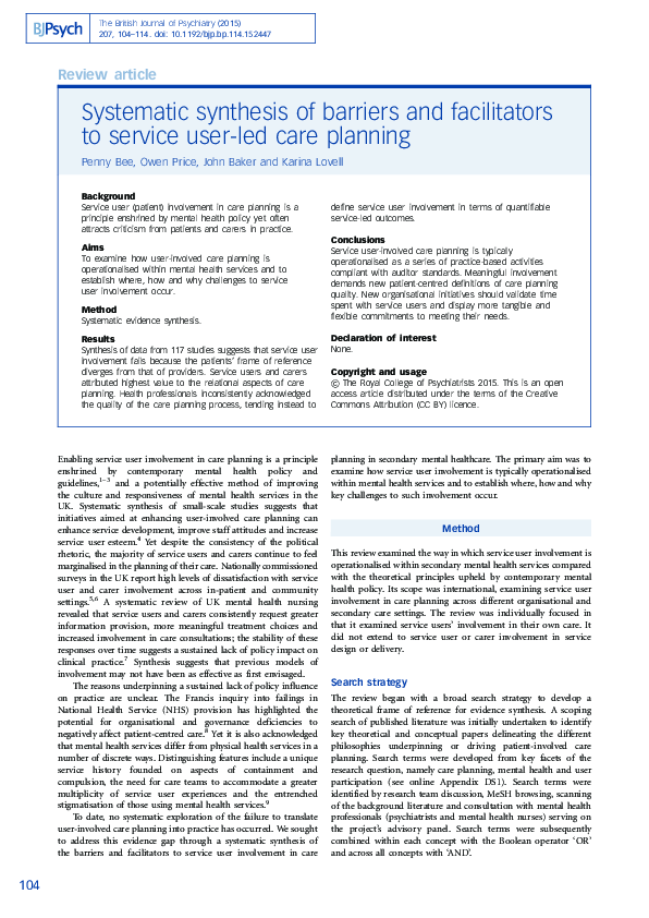 (PDF) Systematic synthesis of barriers and facilitators to service user-led care planning