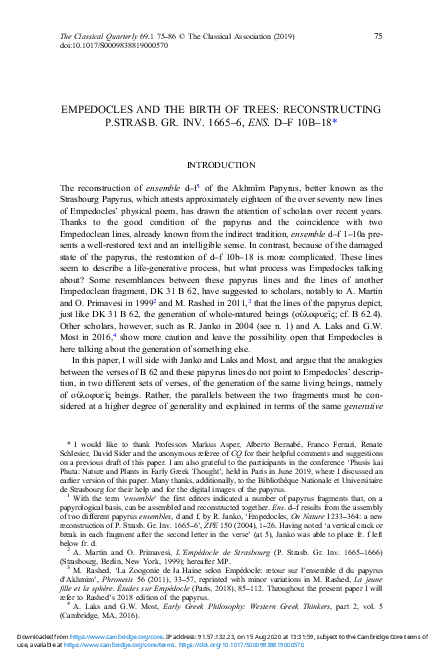 (PDF) Empedocles and the Birth of Trees: Reconstructing P.Strasb. Gr. Inv. 1665–6, ens. d–f 10b–18