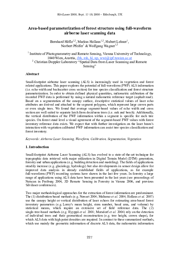 Pdf Area Based Parameterization Of Forest Structure Using Full Waveform Airborne Laser