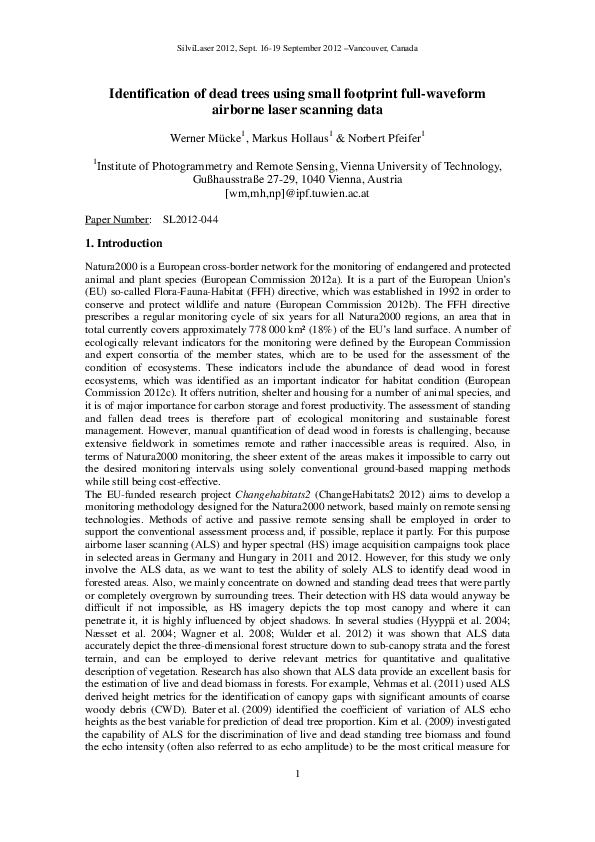 Pdf Identification Of Dead Trees Using Small Footprint Full Waveform Airborne Laser Scanning Data