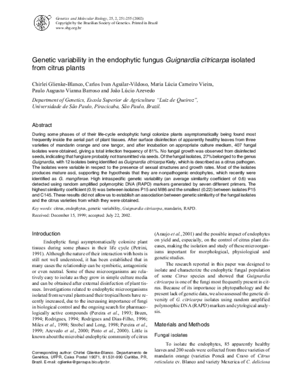 (PDF) Genetic variability in the endophytic fungus Guignardia citricarpa isolated from citrus plants