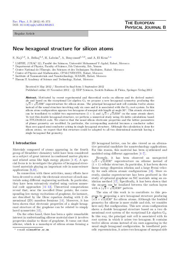 (PDF) New hexagonal structure for silicon atoms