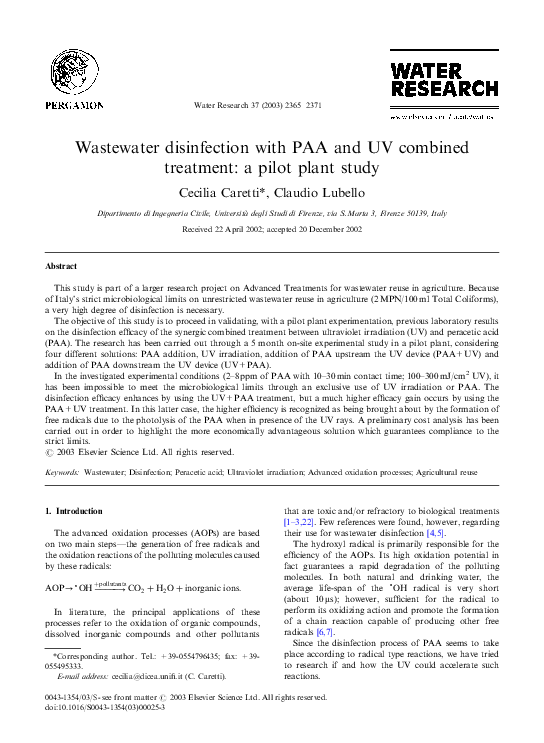 (PDF) Wastewater disinfection with PAA and UV combined treatment: a ...
