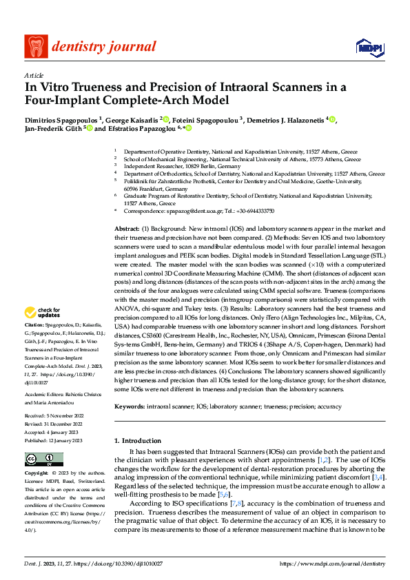 (PDF) In Vitro Trueness and Precision of Intraoral Scanners in a Four ...