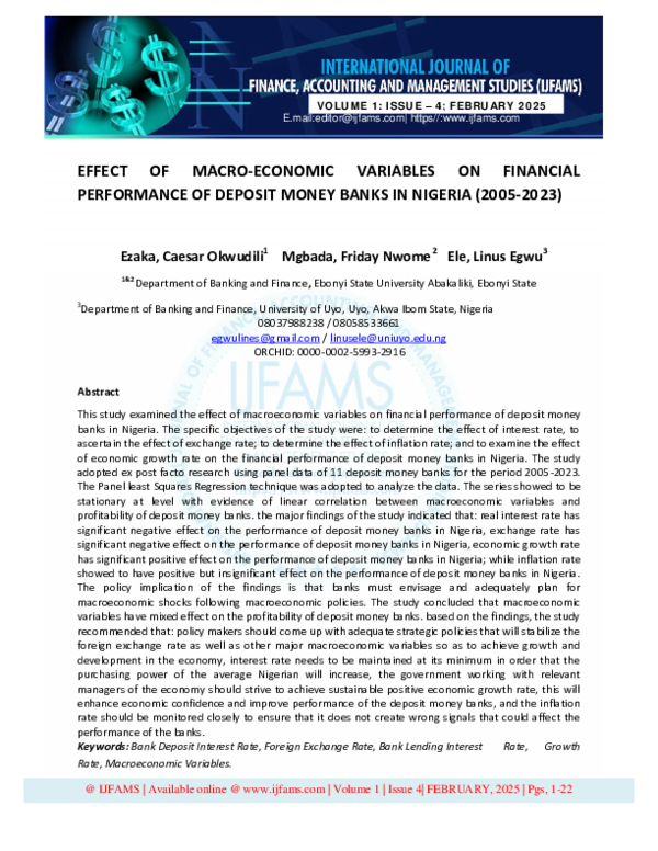 (PDF) EFFECT OF MACRO-ECONOMIC VARIABLES ON FINANCIAL PERFORMANCE OF DEPOSIT MONEY BANKS IN ...