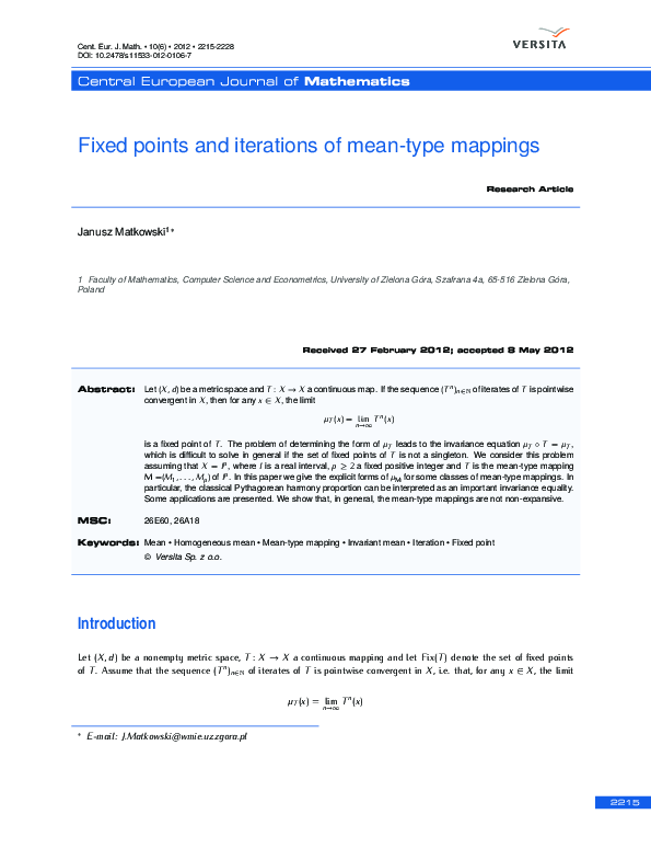 (PDF) Fixed points and iterations of mean-type mappings