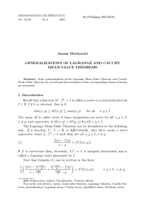 (PDF) Generalizations of Lagrange and Cauchy Mean-Value Theorems