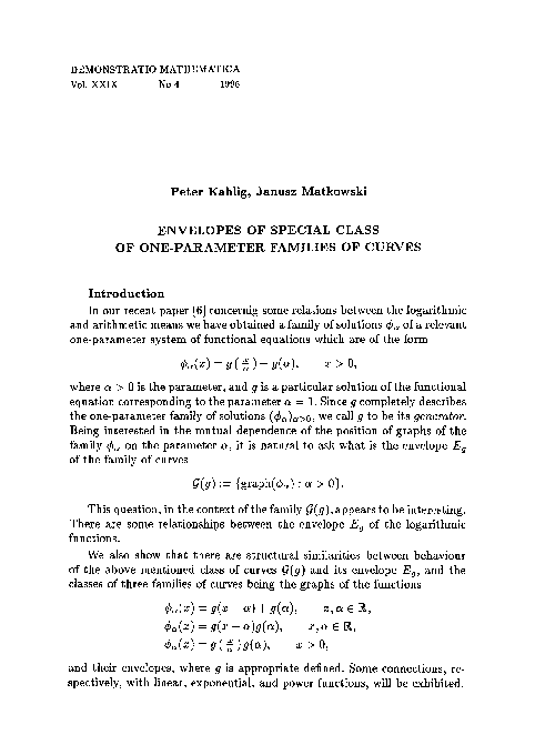 (PDF) Envelopes of Special Class of One-Parameter Families of Curves