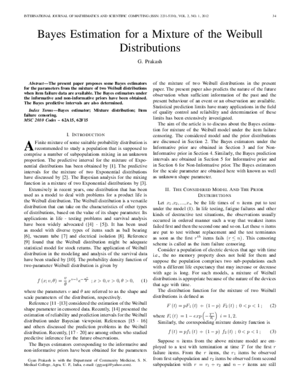 (PDF) Bayes estimation for a mixture of the Weibull distributions