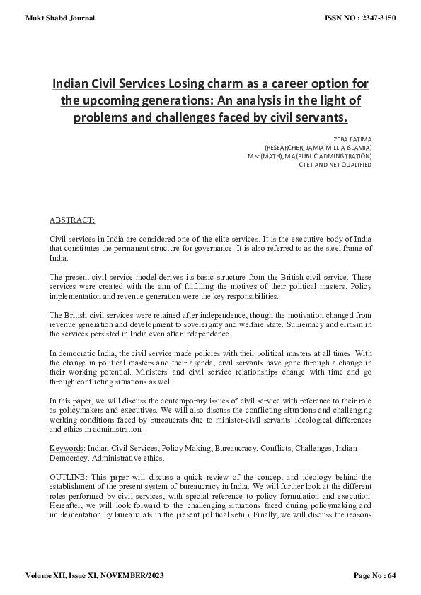 (PDF) Indian Civil Services Losing charm as a career option for the upcoming generations: An ...