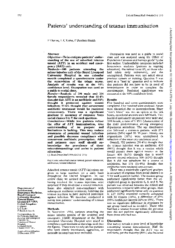 (PDF) Patients' understanding of tetanus immunisation