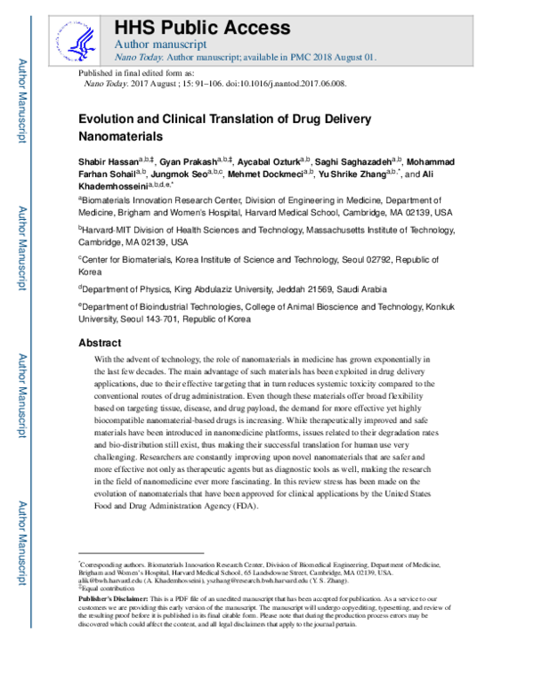(PDF) Evolution and clinical translation of drug delivery nanomaterials