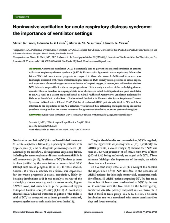 (PDF) Noninvasive ventilation for acute respiratory distress syndrome: the importance of ...