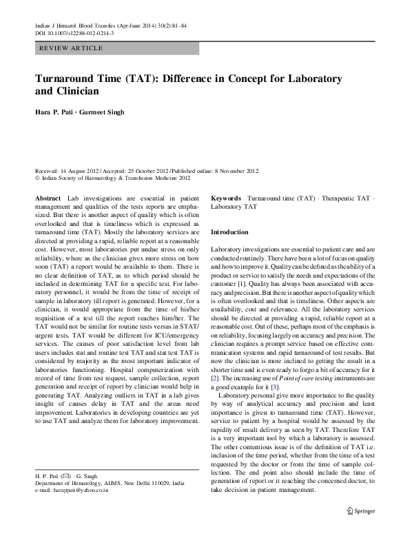 (PDF) Turnaround Time (TAT): Difference in Concept for Laboratory and ...