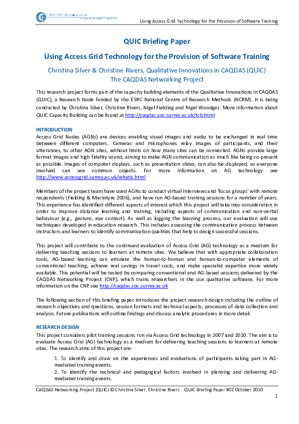(PDF) QUIC Briefing Paper: Using Access Grid Technology for the ...