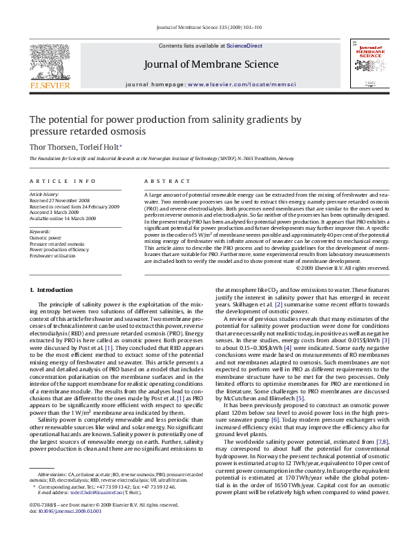 (PDF) The potential for power production from salinity gradients by ...