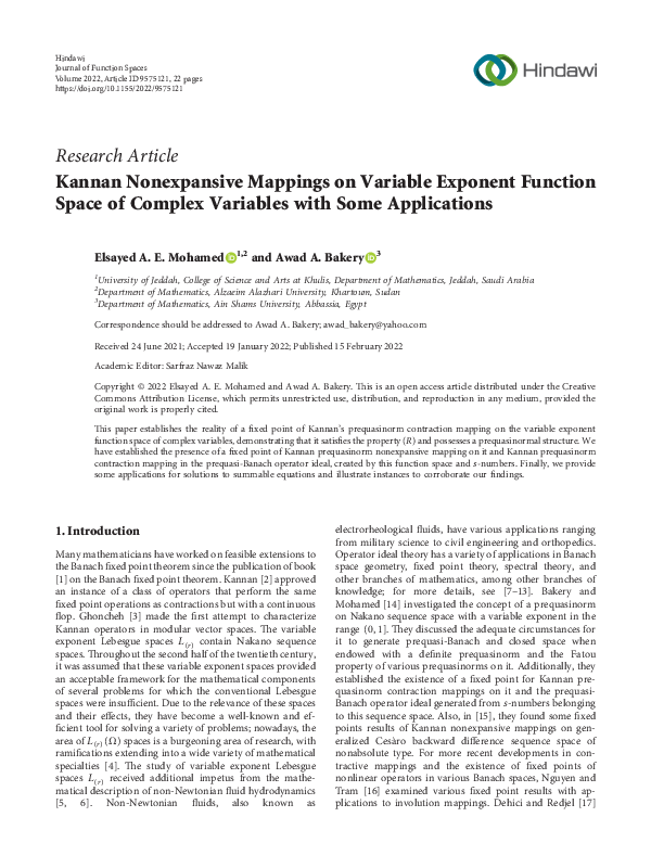 (PDF) Kannan Nonexpansive Mappings on Variable Exponent Function Space of Complex Variables with ...